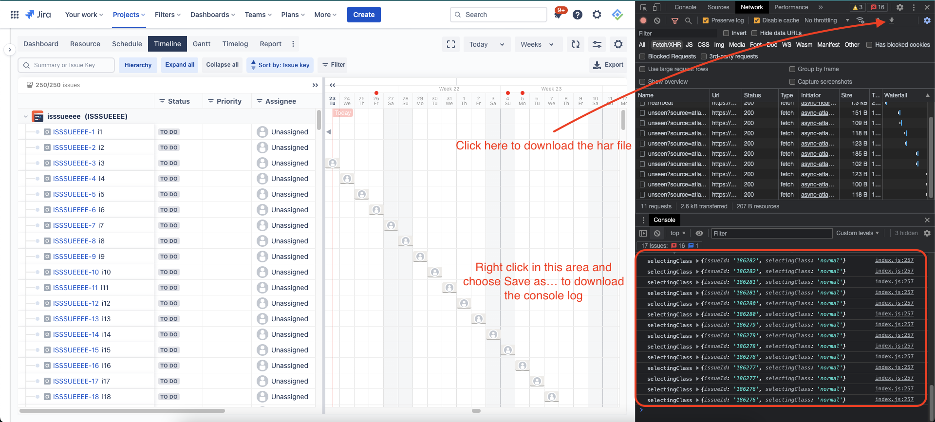 How to get har file and console log