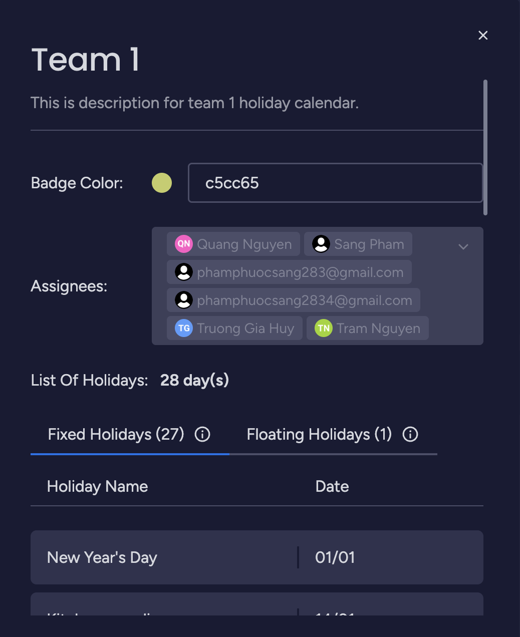 Holiday Calendar Scheme
