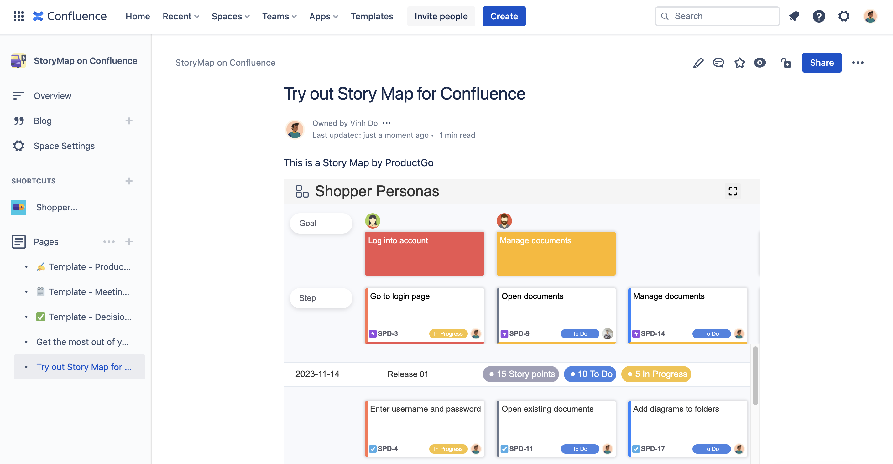 User story map for Confluence
