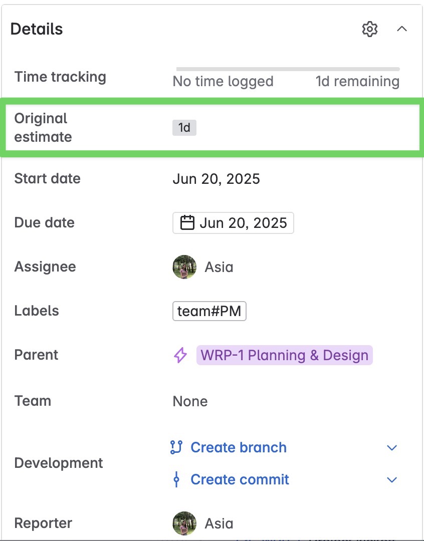 Planning tasks with original estimates