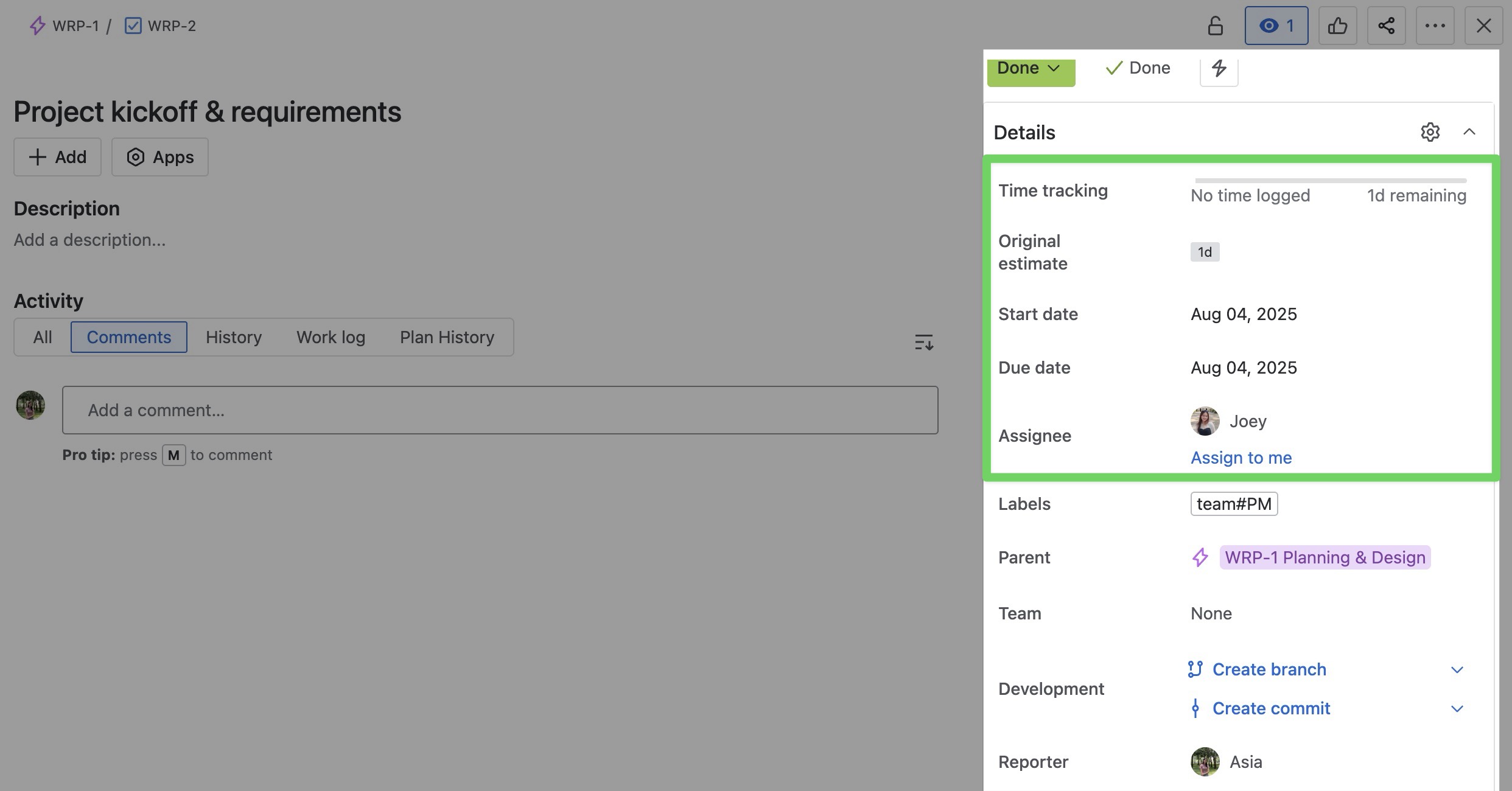 Planning tasks with original estimates